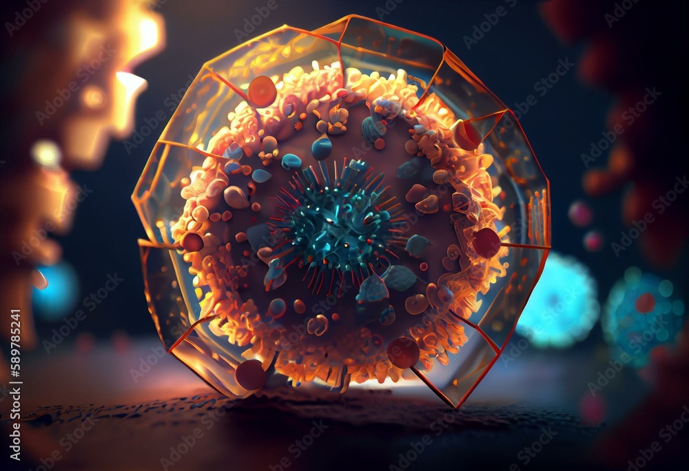 Virus inside cell. Replication and mutation of viruses. Macro 3D ...
