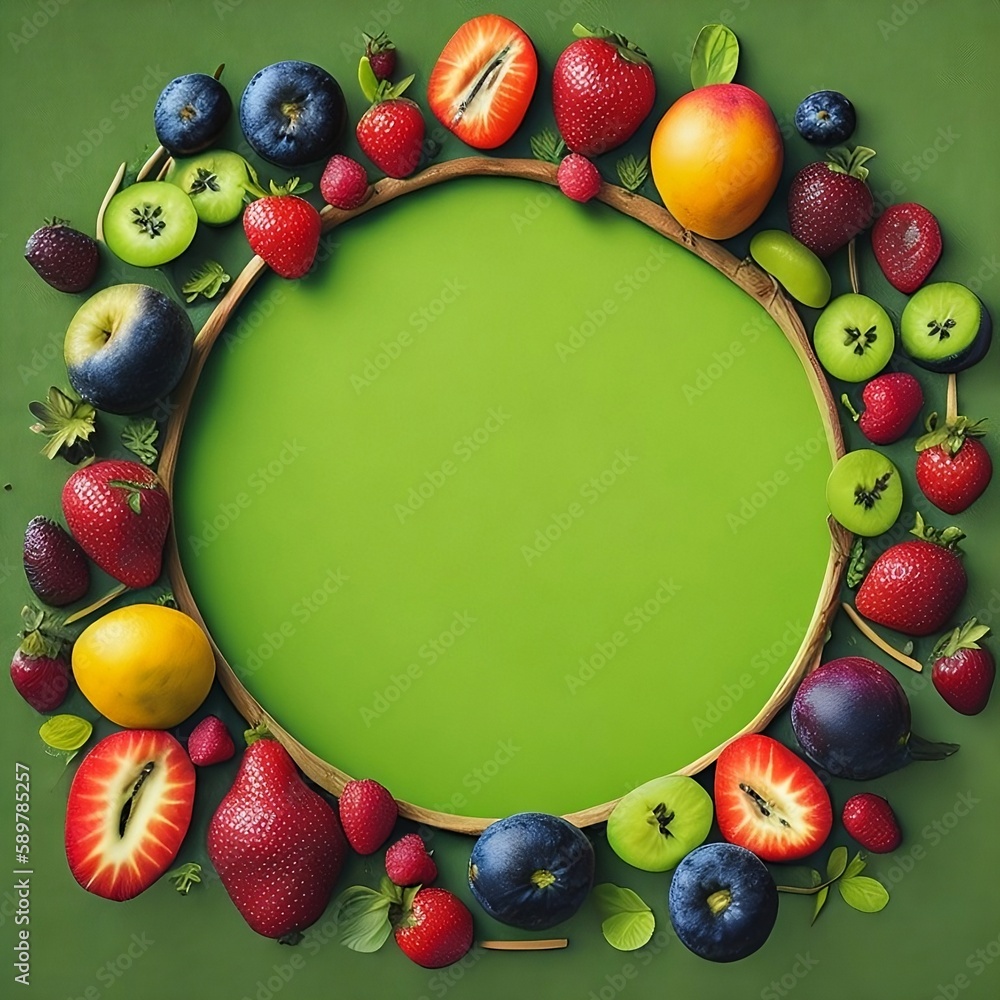 Blank green canvas with fruits around edge. Created using Generative AI ...