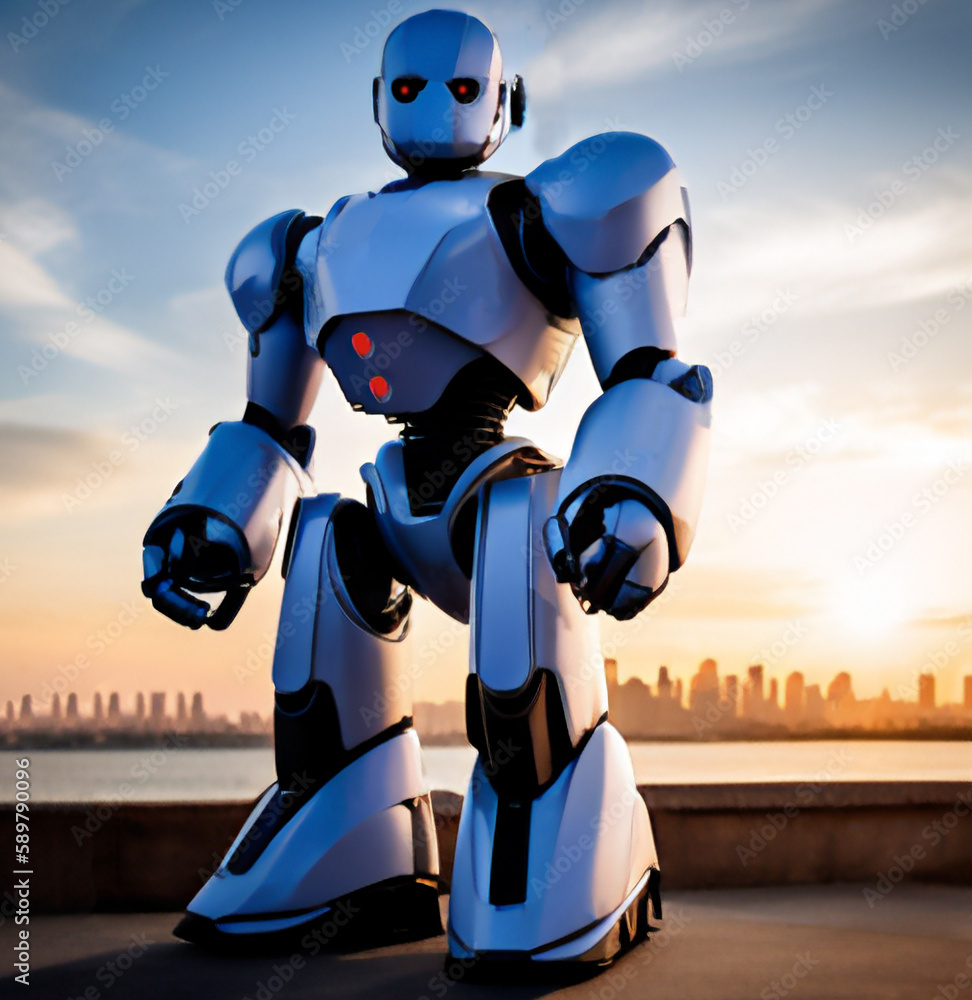 AI GENERATED humanoid guardian robot with armor in a futuristic sunset ...