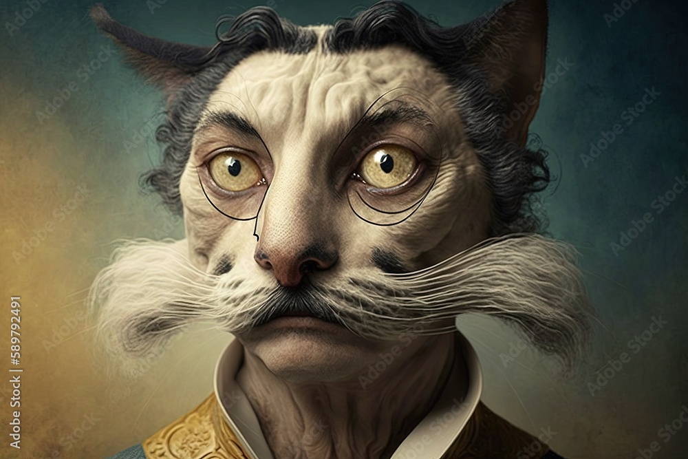 Cat as Salvador Dali famous historical character portrait illustration ...