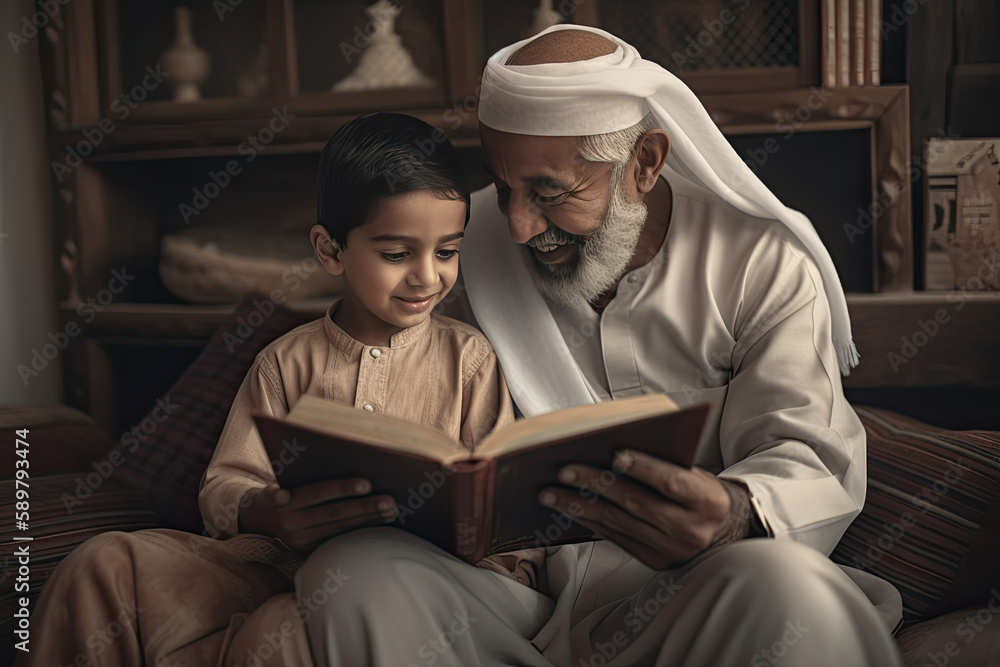 Cheerful little muslim child hugging his Muslim dad and reading book at ...