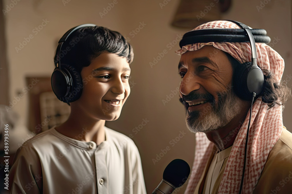 Happy Father's Day. Muslim Father sing with his son at home in modern ...