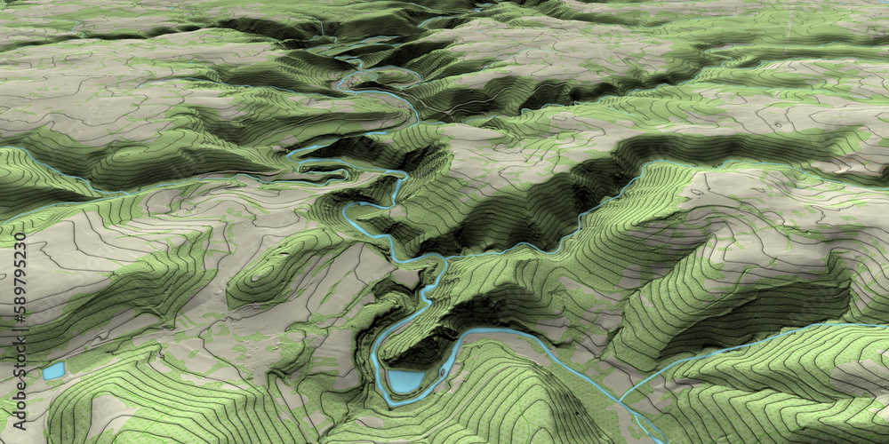 Vue aérienne de paysage vallonné et méandre de rivière en territoire ...