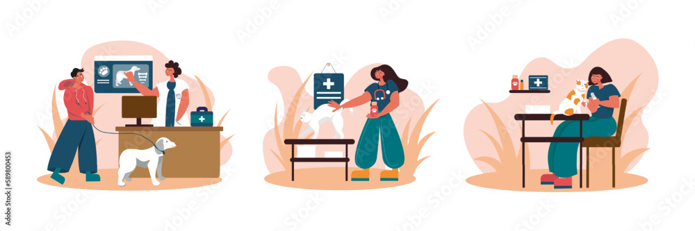 Set of cartoon characters of people working as veterinarians. Process ...