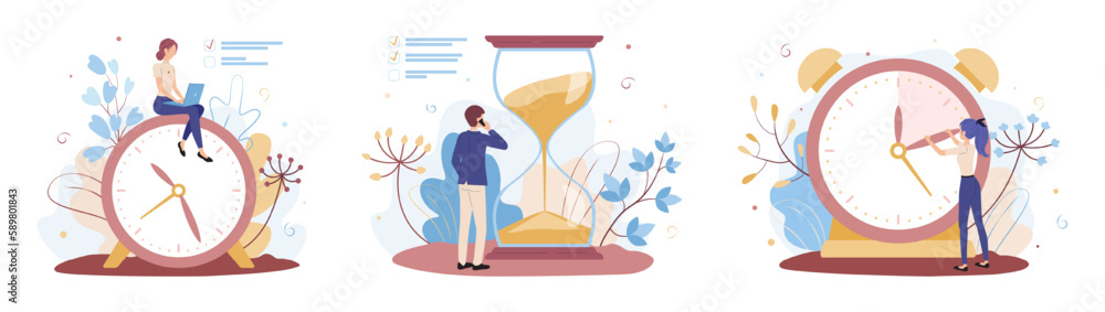 Set of people doing different tasks and managing their time. Different ...