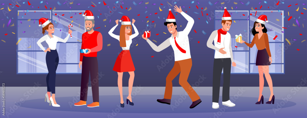 Set of cartoon characters having fun at office party. Happy coworkers ...