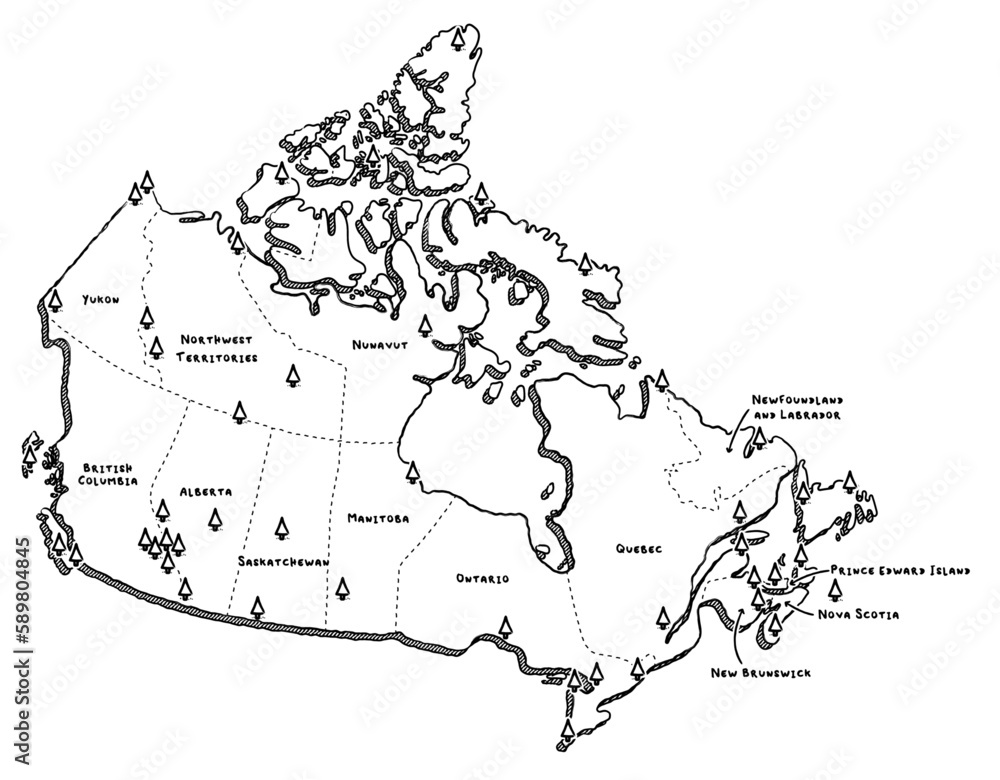Vector hand drawn map of Canada with the 47 National Parks. Canadian ...