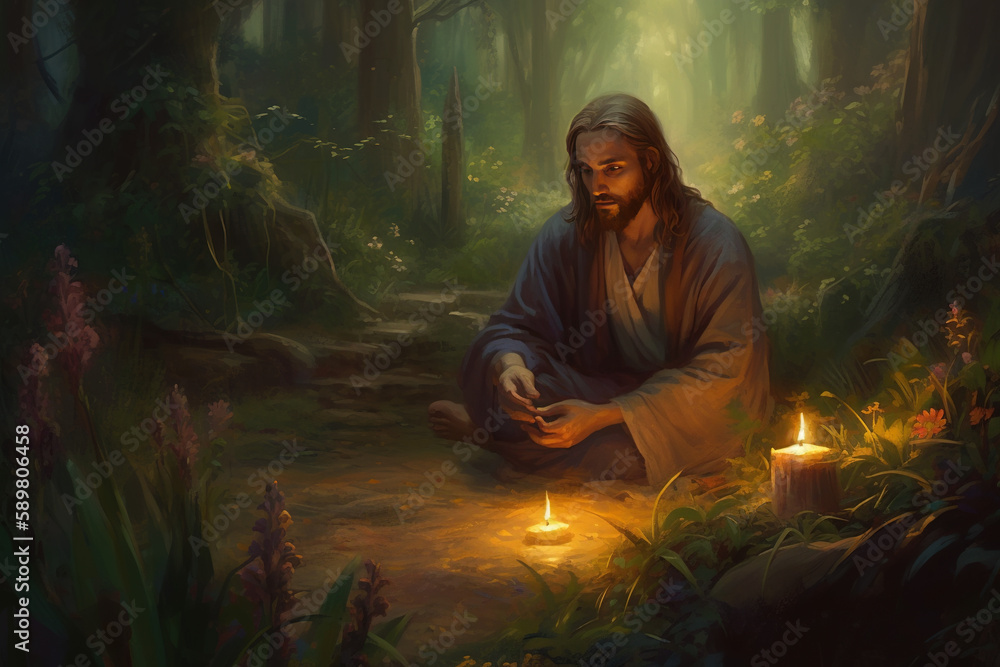 Jesus sitting in a forest with a candle, Jesus Praying in Ornate Garden ...