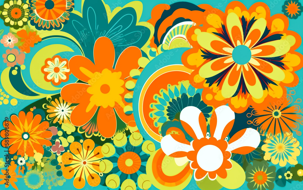 Colorful ‘70s Retro Style poster art with flowers, and psychedelic wavy ...