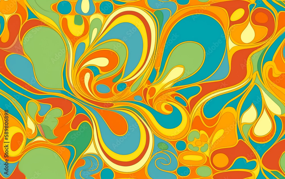 Colorful ‘70s Retro Style poster art with flowers, and psychedelic wavy ...
