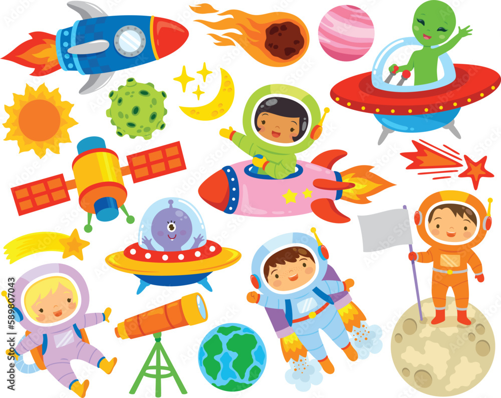 Cute colorful outer space clipart set with male and female astronauts ...