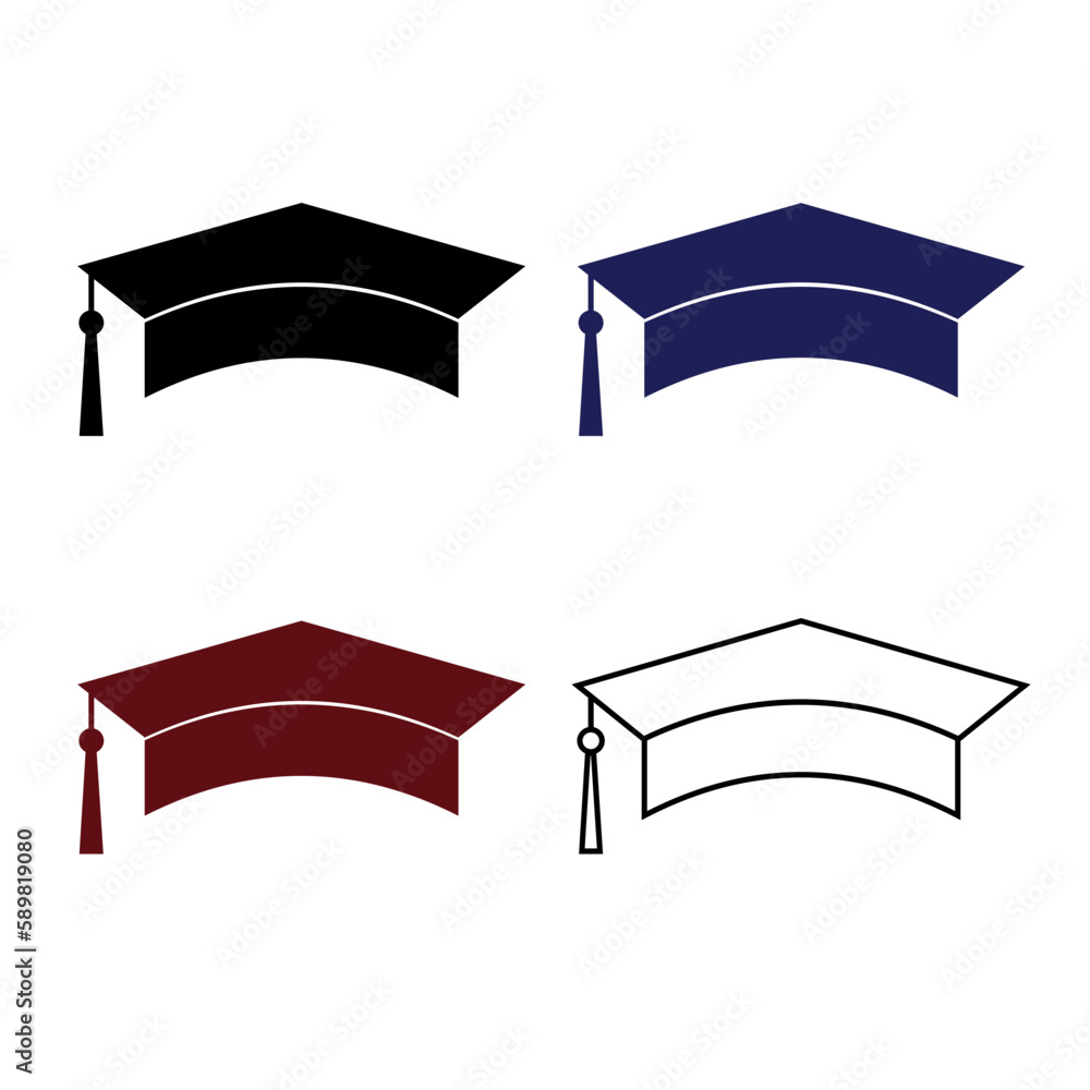 Set of graduation cap, student hat, bachelor cap icons, flat vector ...