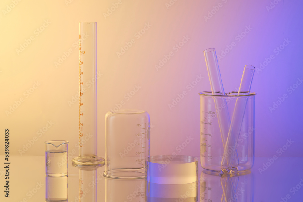 Lab theme with lab glassware - test tubes, beaker and transparent empty ...