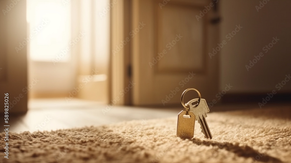 Opening door with golden house key chain on fuzzy interior background ...