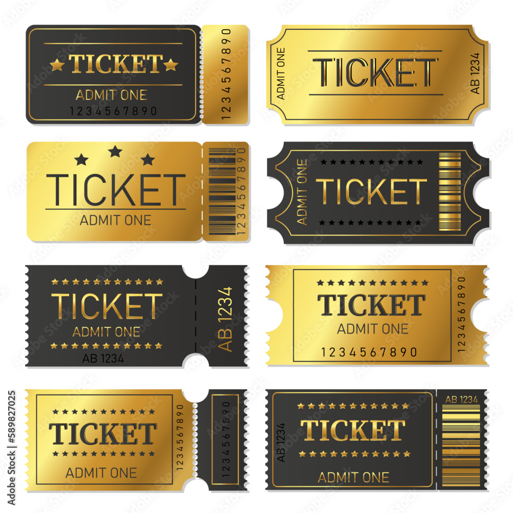 Luxury golden ticket template set for cinema, theater, concert, play ...