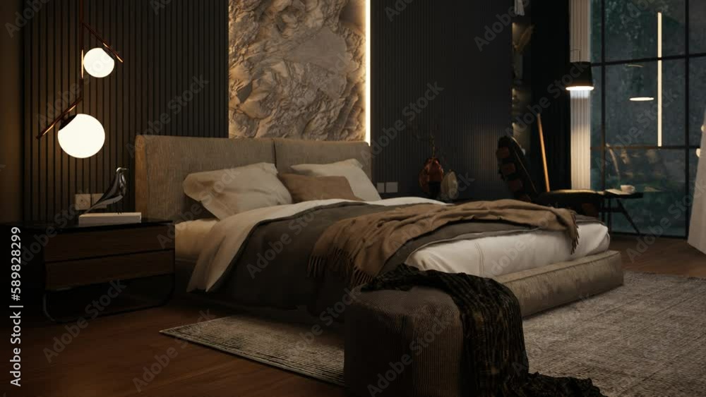 3D rendering animation Modern Dramatic Bedroom Interior With Double Bed ...