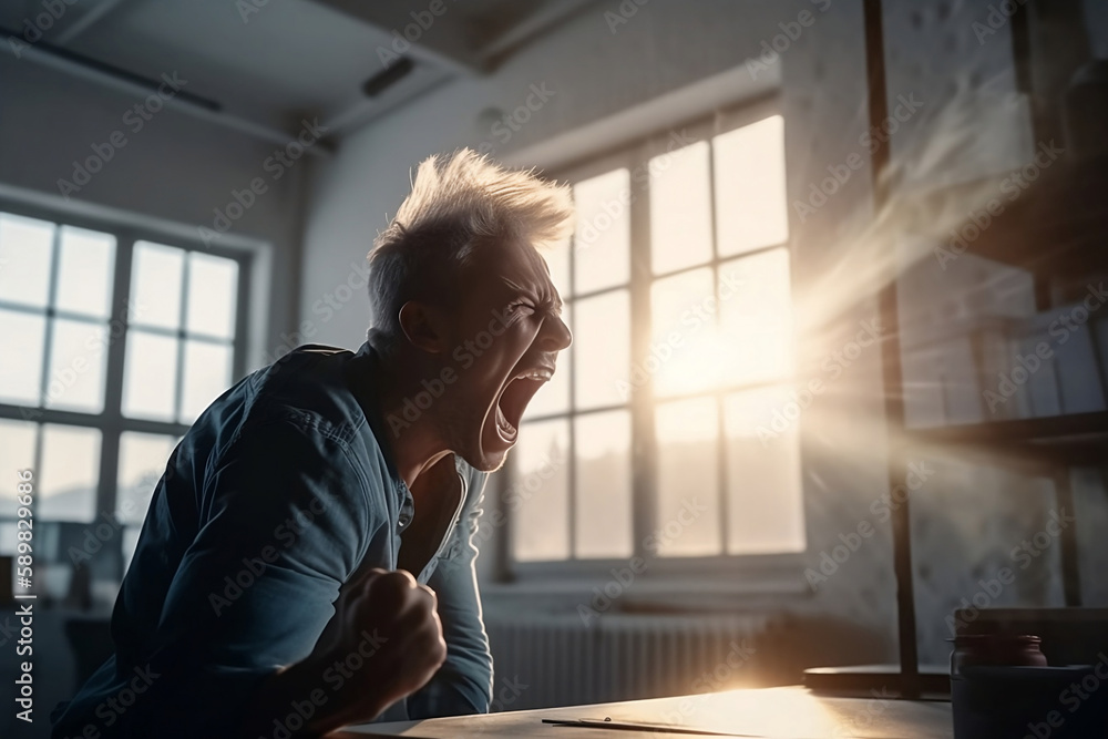 Man is furious shouting near window in office, man is screaming with ...