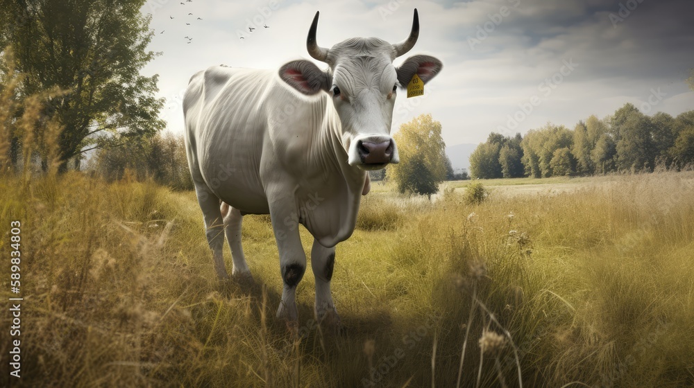 Curious cow gazing at the camera in a serene meadow, created with an ...