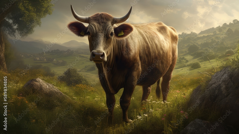 Curious cow gazing at the camera in a serene meadow, created with an ...