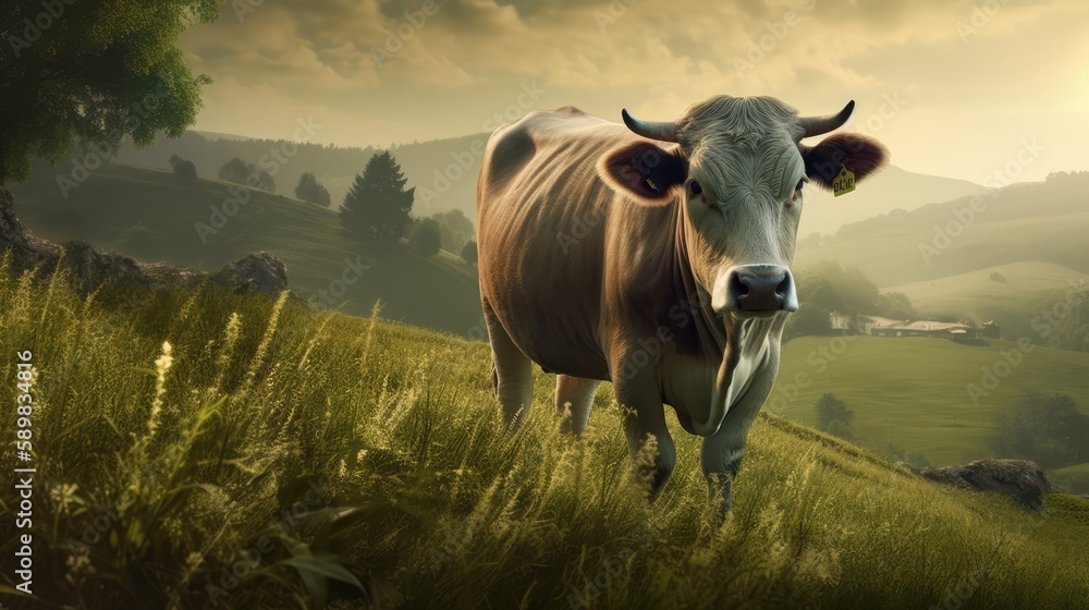 Curious cow gazing at the camera in a serene meadow, created with an ...