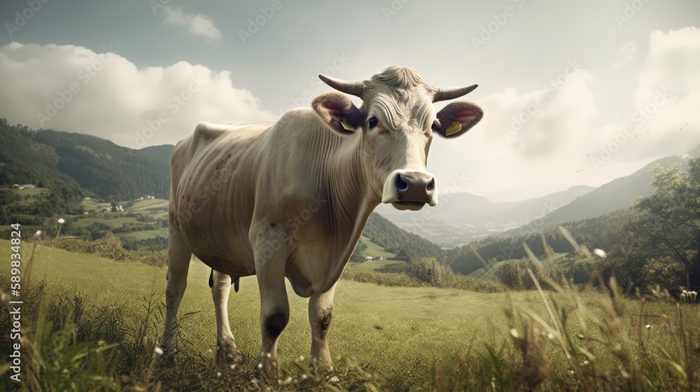 Curious cow gazing at the camera in a serene meadow, created with an ...