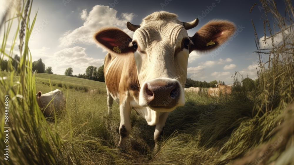 Curious cow gazing at the camera in a serene meadow, created with an ...