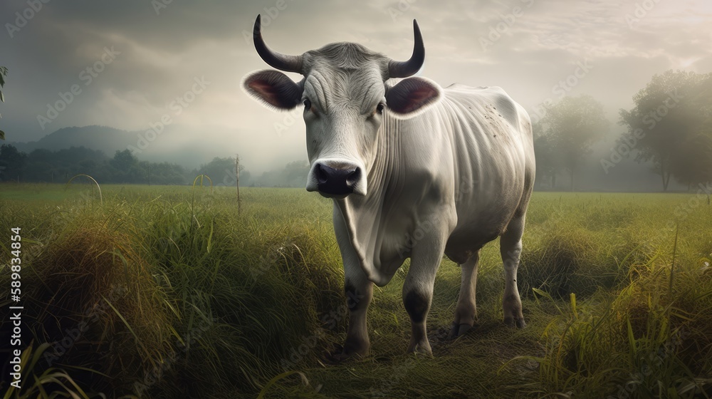 Curious cow gazing at the camera in a serene meadow, created with an ...