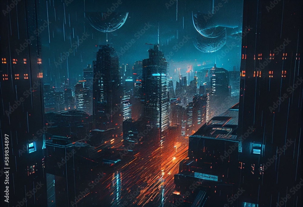 Rainy, futuristic cyber city with tall buildings and dark urban art ...