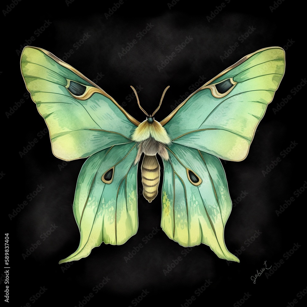 Moth, green colored, symmetrical, isolated on black background ...