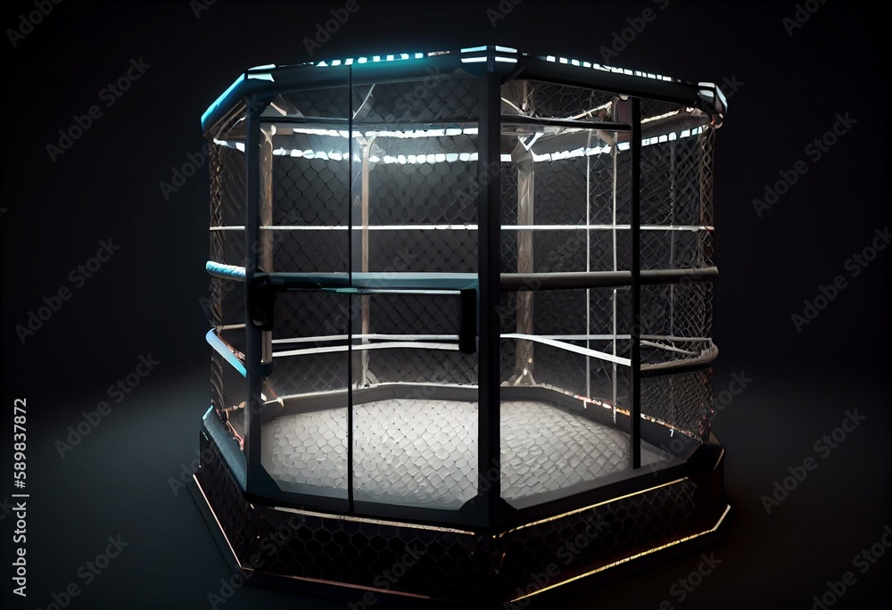 3D rendering of MMA octagon cage with side view, under bright lights ...