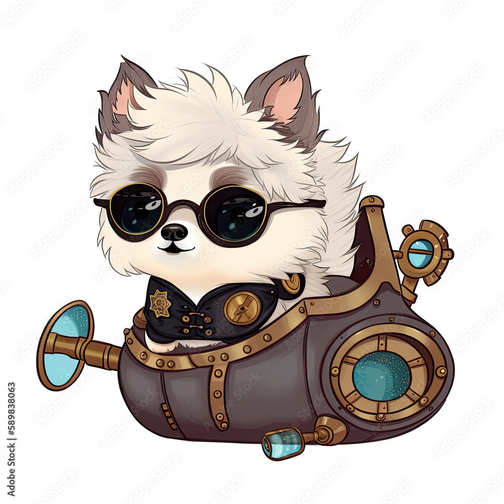 Cute white dog in steampunk submarine, u-boat, cartoon chibi style, AI ...