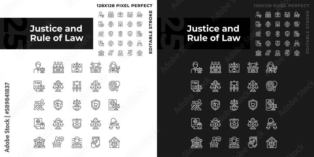 Justice and rule of law pixel perfect linear icons set for dark, light ...