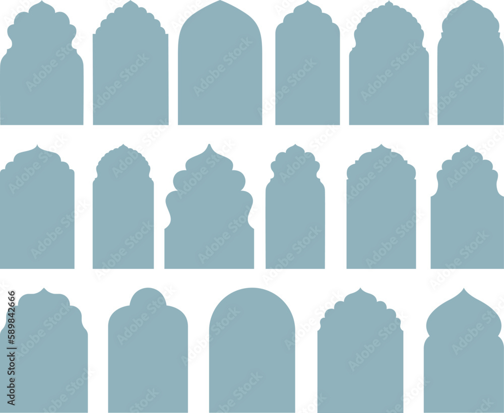 Collection of oriental style windows and arches. Architectural type of ...