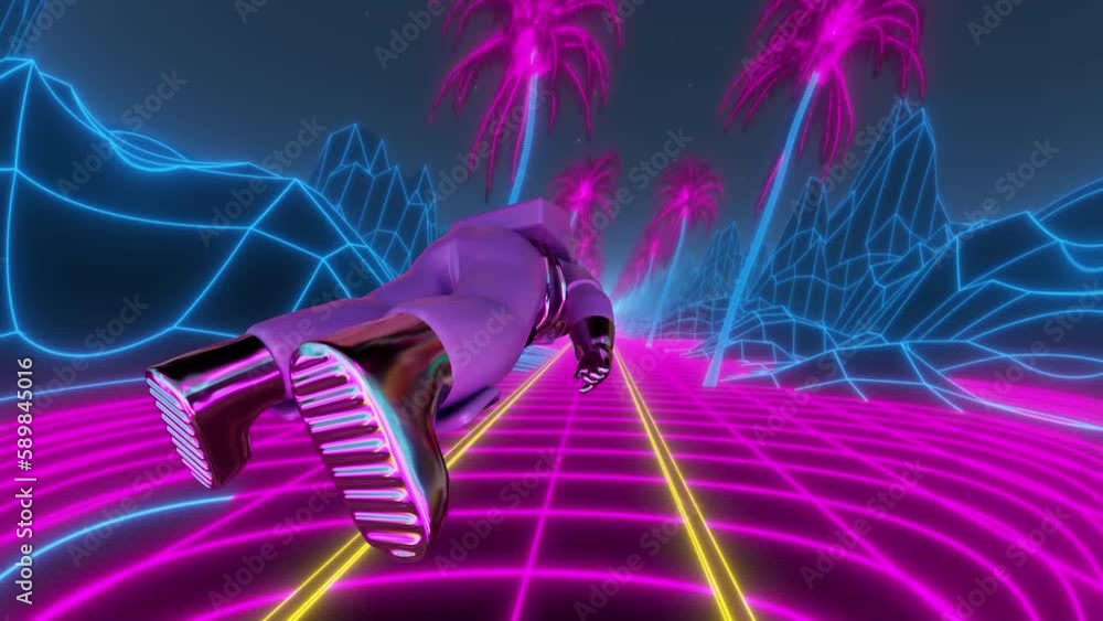 Astronaut Flying Through Grid Landscape With Palms Trees and Mountains ...