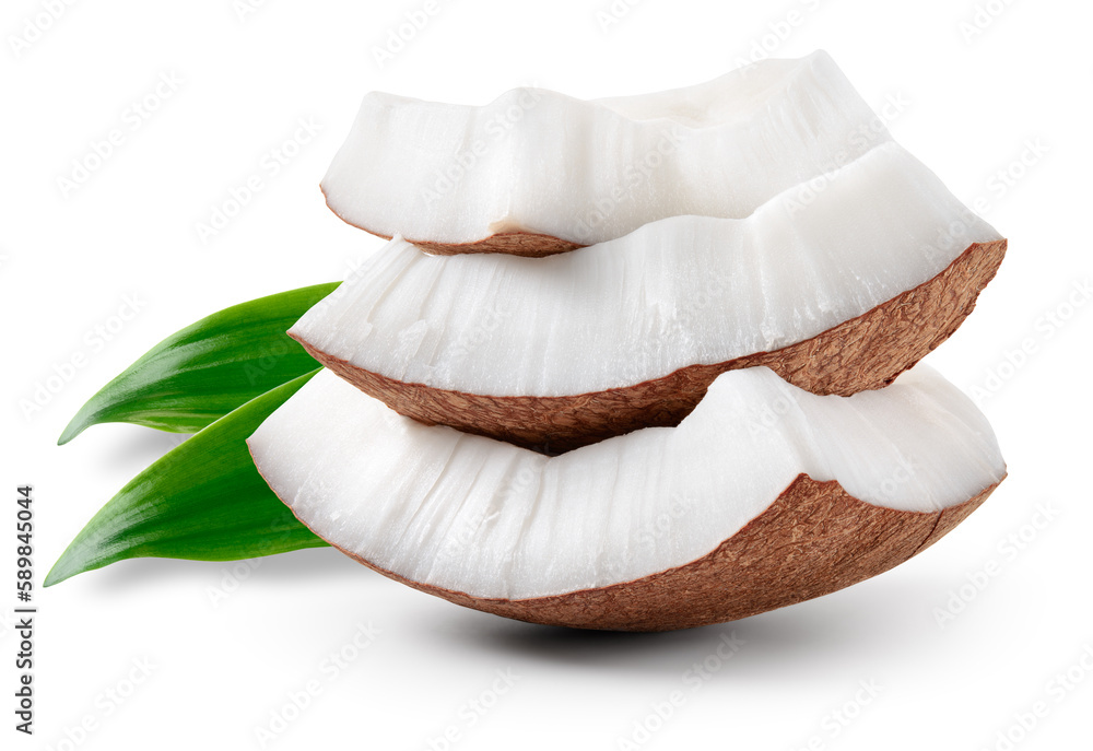 Coconut piece with leaves isolated. Coconut pieces on white background ...