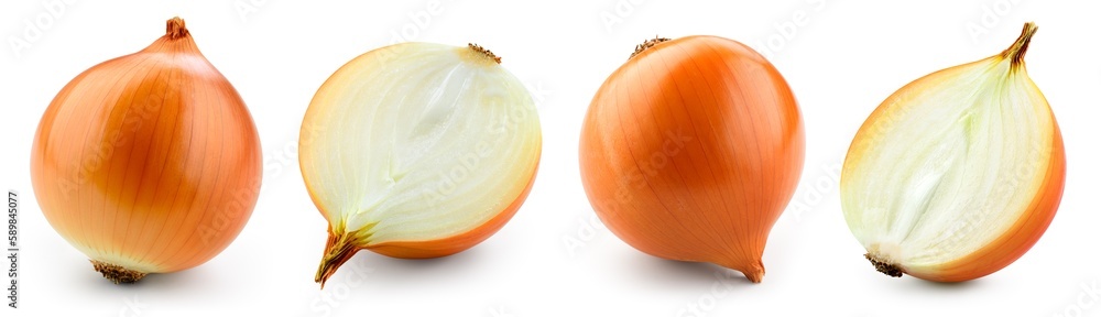 Onion bulbs isolated. Whole golden onion bulb and a half on white ...