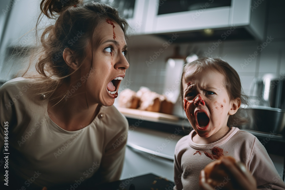 Angry Mother yelling her child in the Kitchen. Family Relationship Concept. Generative AI ...