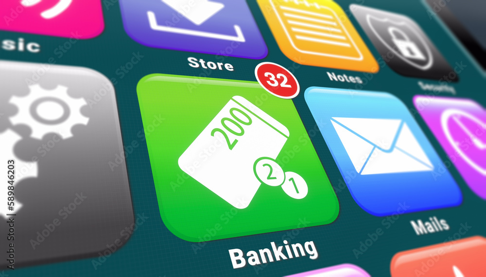 Illustation of a smartphone screen. In focus a banking app with ...