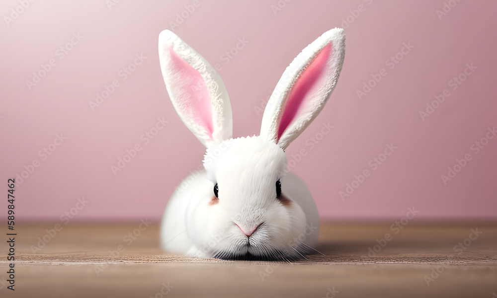 Rabbit peeking out of a hole in a pink wall, fluffy eared rabbit with Easter bunny image, rabbit ...