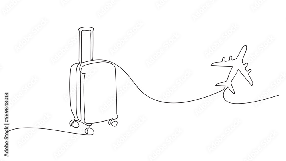 Suitcase and airplane in one continuous line drawing.Traveling. Vector ...