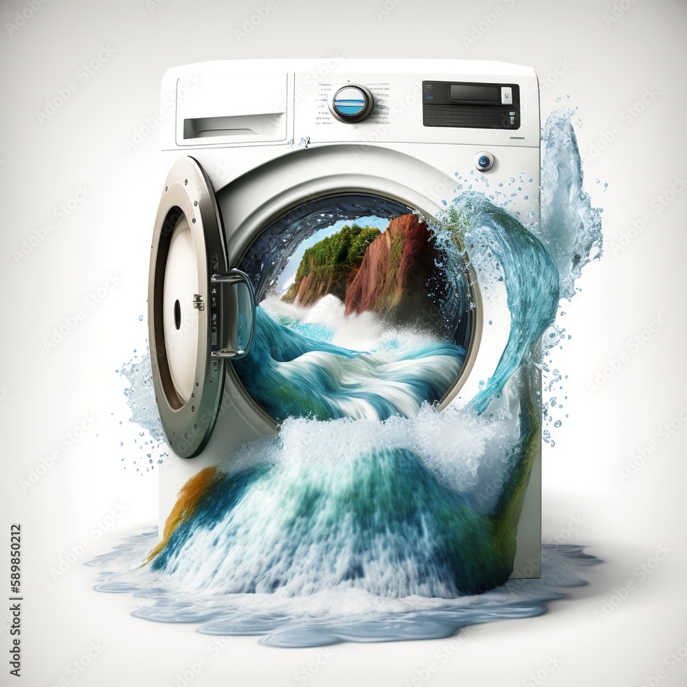 the water flows out of the washing machine, like a waterfall in lake ...