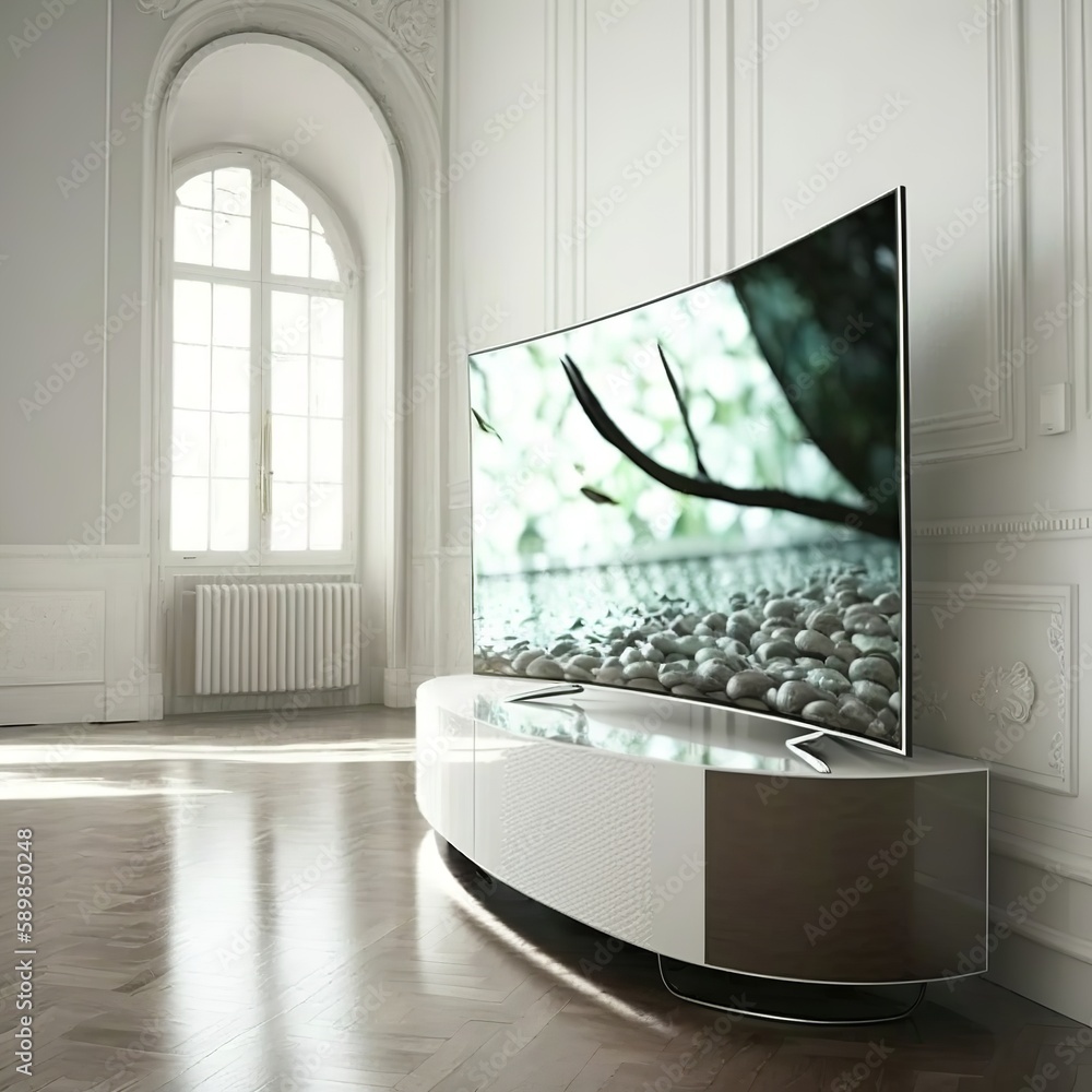 TV led mock up screen. Smart TV on a curbstone in an interior of the ...