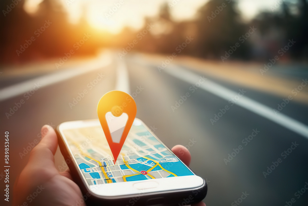 Map GPS navigation, Smartphone map application and location pin place marker pinpoint on screen ...