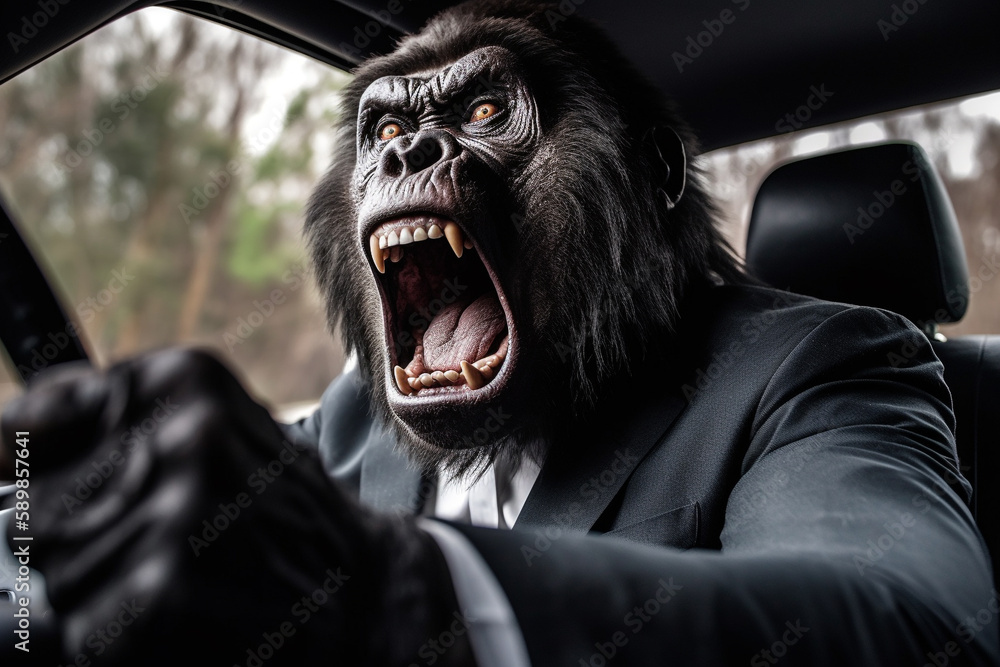aggressiver Gorilla im Business Anzug voller Wut am schimpfen im Auto ...