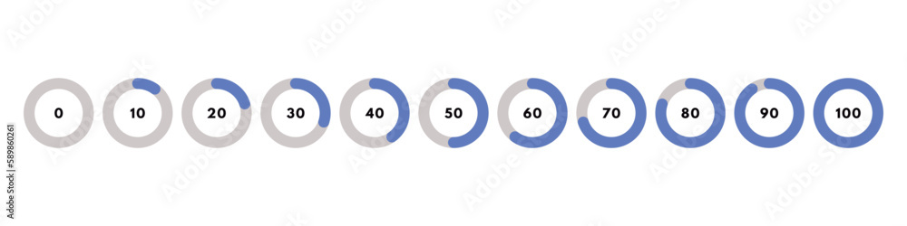 Set of blue circular progress bar. Timer icon with ten percent interval ...