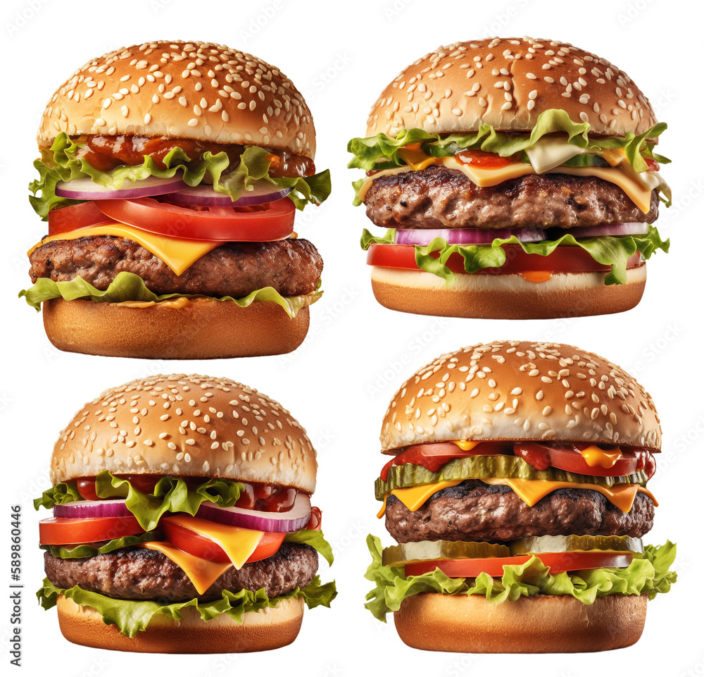 four big burgers with lettuce, tomatoes, onion and cucumber on a ...