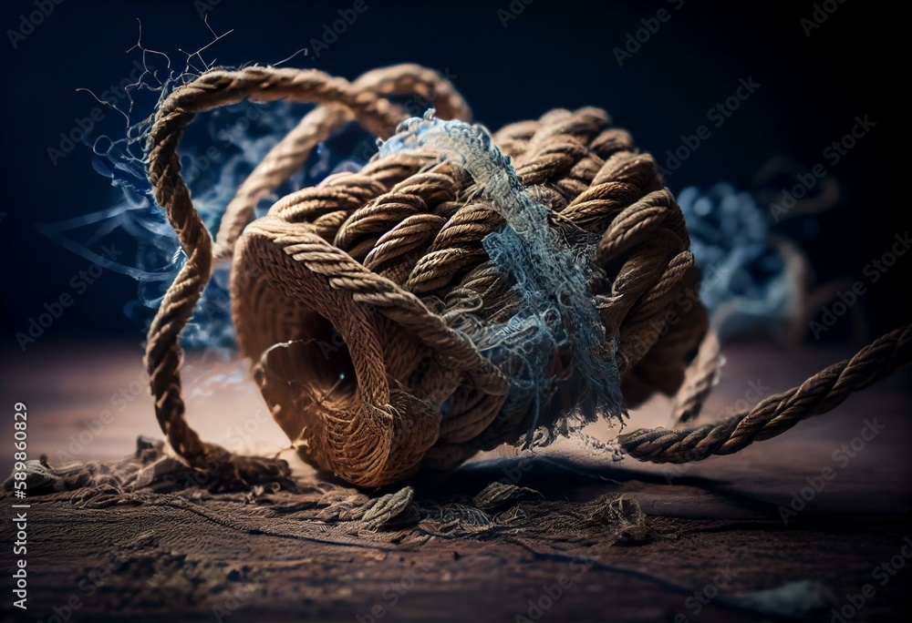 Motion-blur stroboscopic image of broken rope depicts failure and break ...