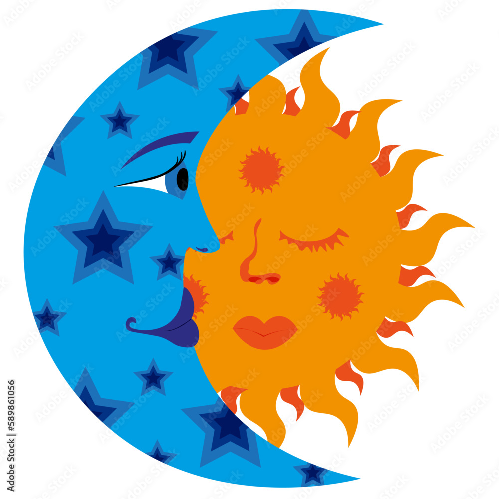 Cartoon Sun and Moon isolated on white background. Ethnic weather ...