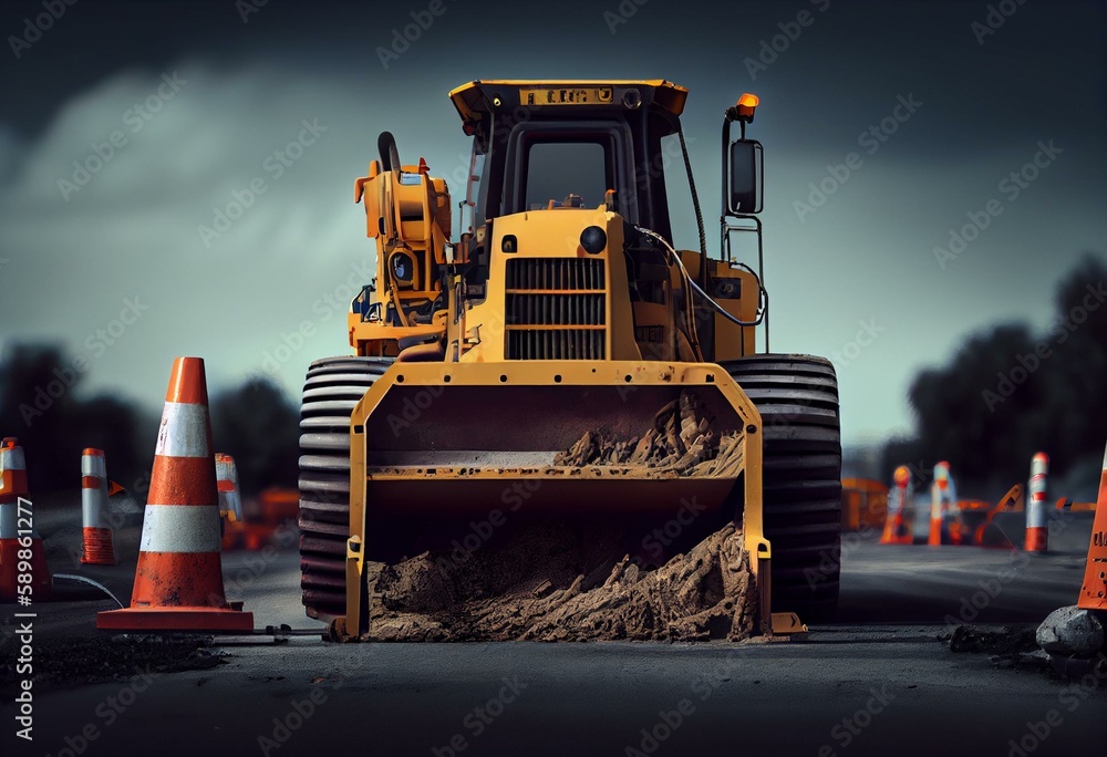 Illustration of a yellow bulldozer filling in a pit with road barriers, cones, and PVC pipes ...