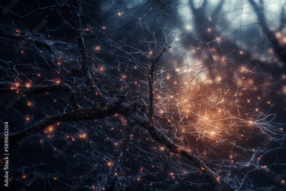 Neurons activity. Synapses and axones transmitting electrical signals ...